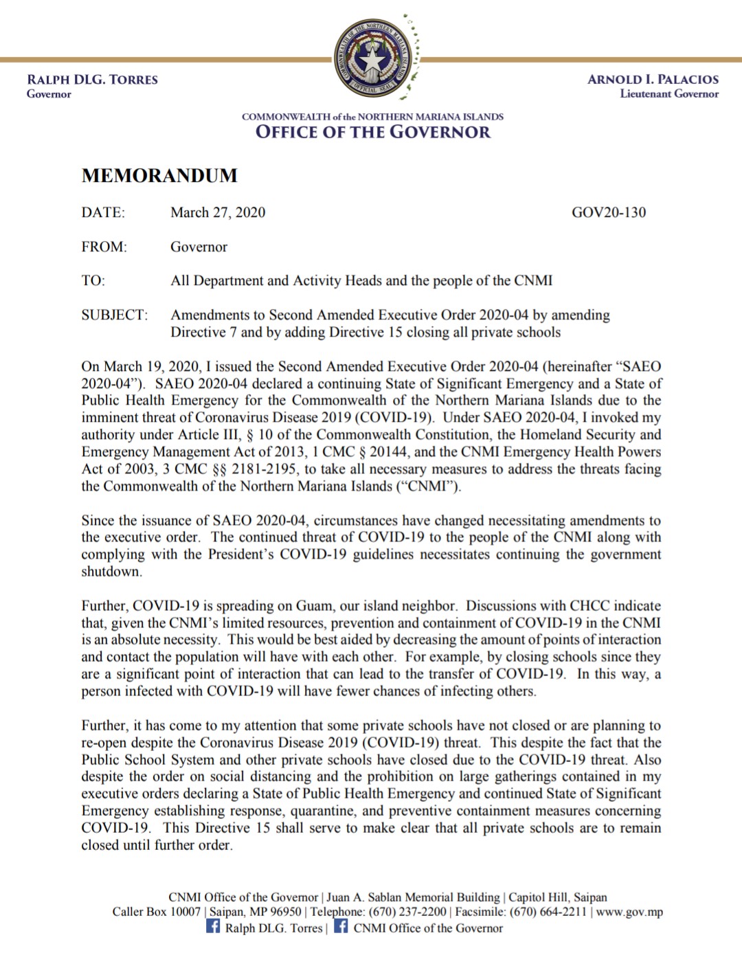 200327 Memo – Amend Directive 7 and Directive 15 – NMI Board of Nursing